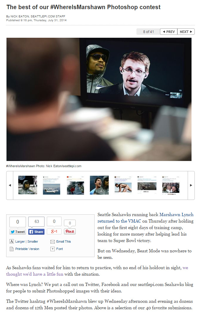 7.31.14 · seattlepi.com · features Where is Marshawn Lynch? | Nick Eaton